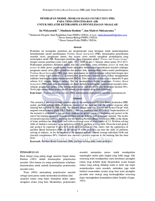 (PDF) Penerapan Model Problem Based Instruction (Pbi) Pada Tema Pencemaran Air Untuk Melatih ...