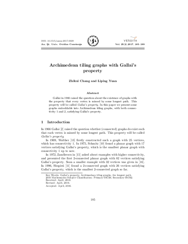 (PDF) Archimedean tiling graphs with Gallai’s property