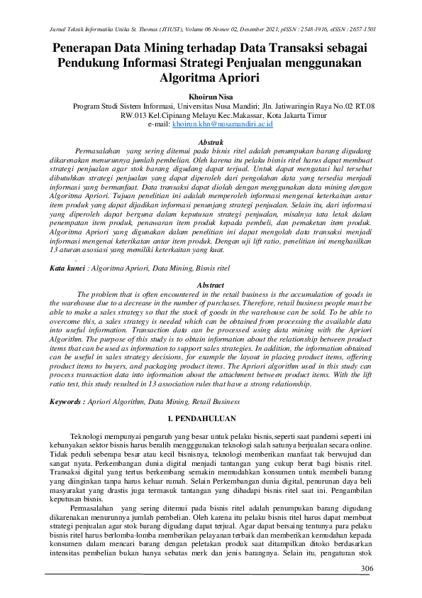 (PDF) Penerapan Data Mining terhadap Data Transaksi sebagai Pendukung Informasi Strategi ...