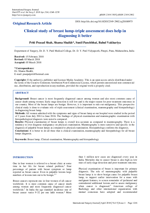 (PDF) Clinical study of breast lump-triple assessment does help in ...