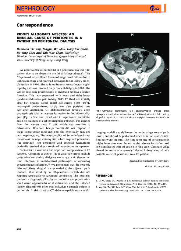 (PDF) Kidney Allograft Abscess: An Unusual Cause of Peritonitis in a ...
