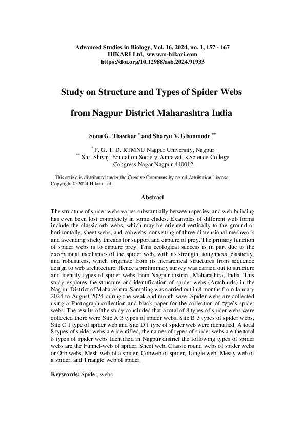 (PDF) Study on Structure and Types of Spider Webs from Nagpur District Maharashtra India