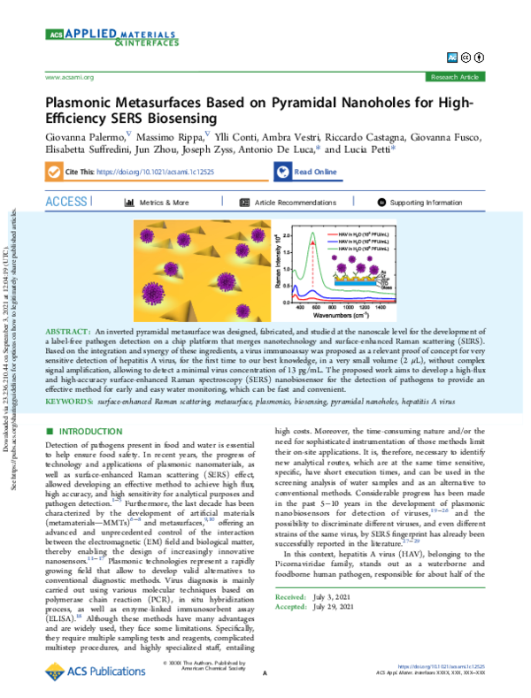 (PDF) Plasmonic Metasurfaces Based on Pyramidal Nanoholes for High-Efficiency SERS Biosensing