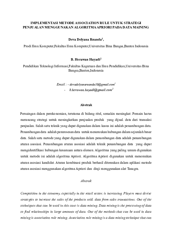 (PDF) IMPLEMENTASI METODE ASSOCIATION RULE UNTUK STRATEGI PENJUALAN MENGGUNAKAN ALGORITMA ...