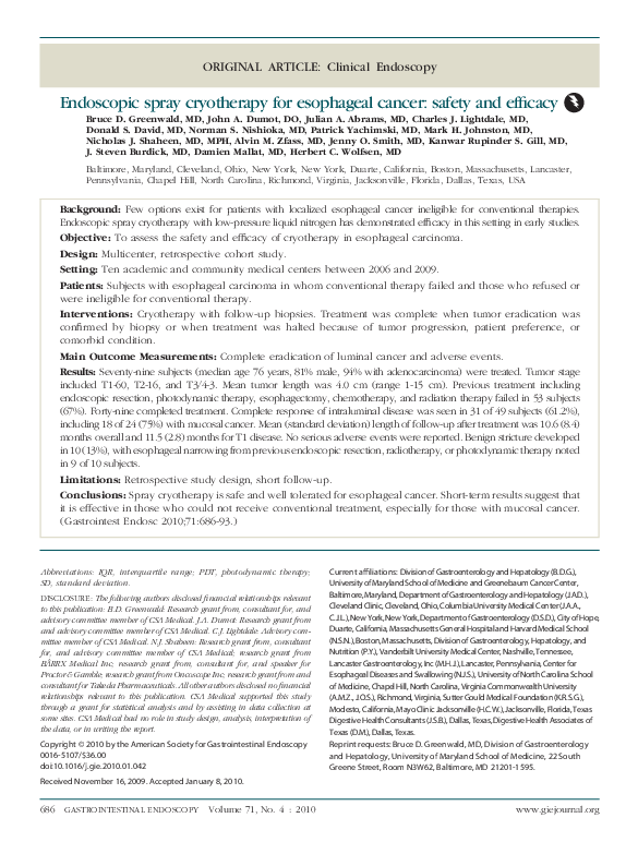 (PDF) Endoscopic spray cryotherapy for esophageal cancer: safety and ...