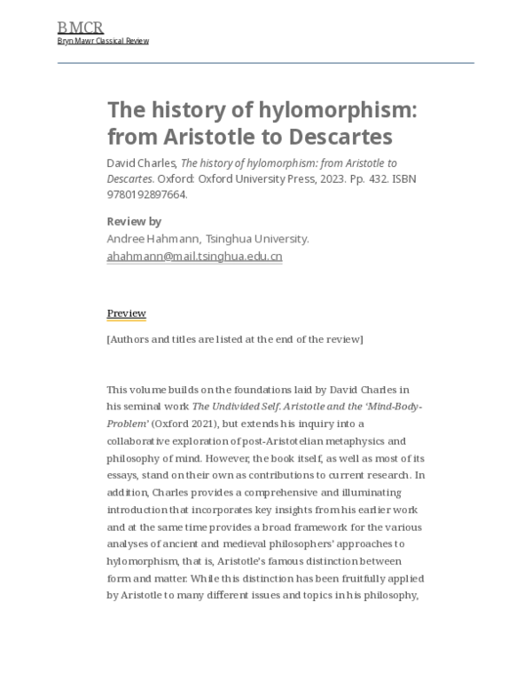 (PDF) The history of hylomorphism: from Aristotle to Descartes