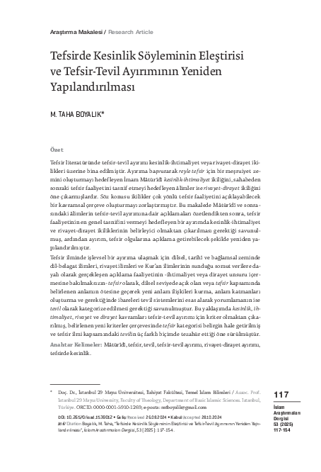 (PDF) Tefsirde Kesinlik Söyleminin Eleştirisi ve Tefsir-Tevil Ayırımının Yeniden Yapılandırılması