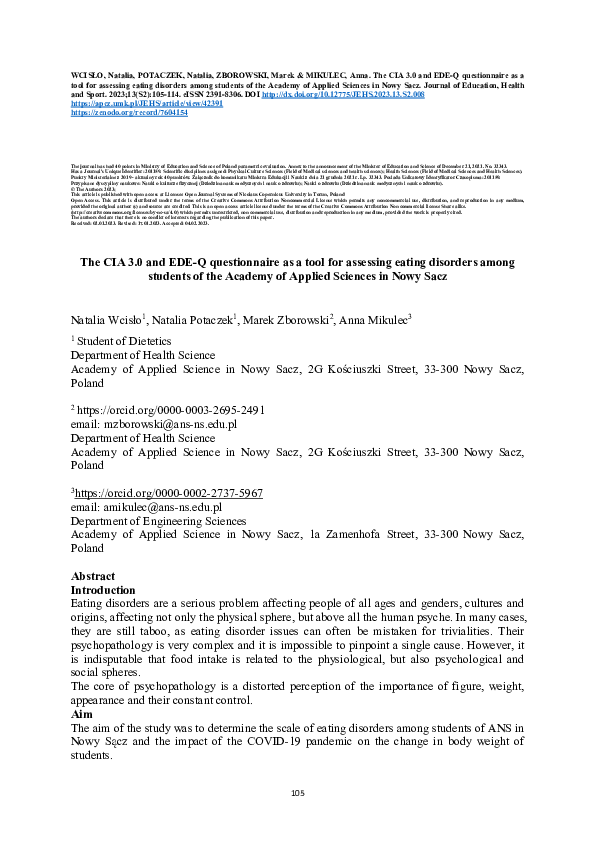 (PDF) The CIA 3.0 and EDE-Q questionnaire as a tool for assessing ...