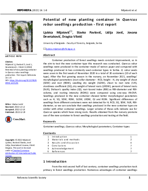 (PDF) Potential of new planting container in Quercus robur seedlings production – first report