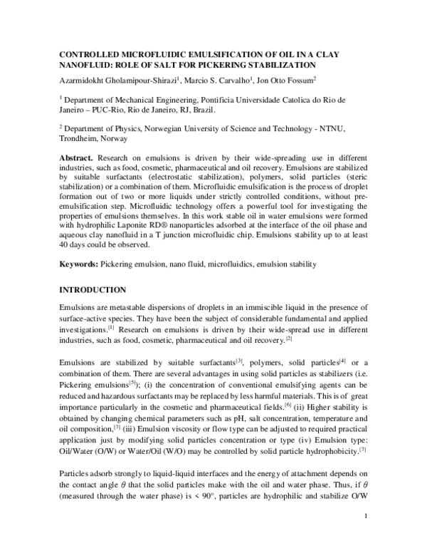 (PDF) Controlled microfluidic emulsification of oil in a clay nanofluid ...