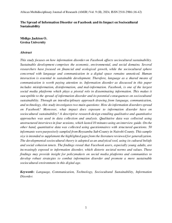 (PDF) The Spread of Information Disorder on Facebook and its Impact on ...