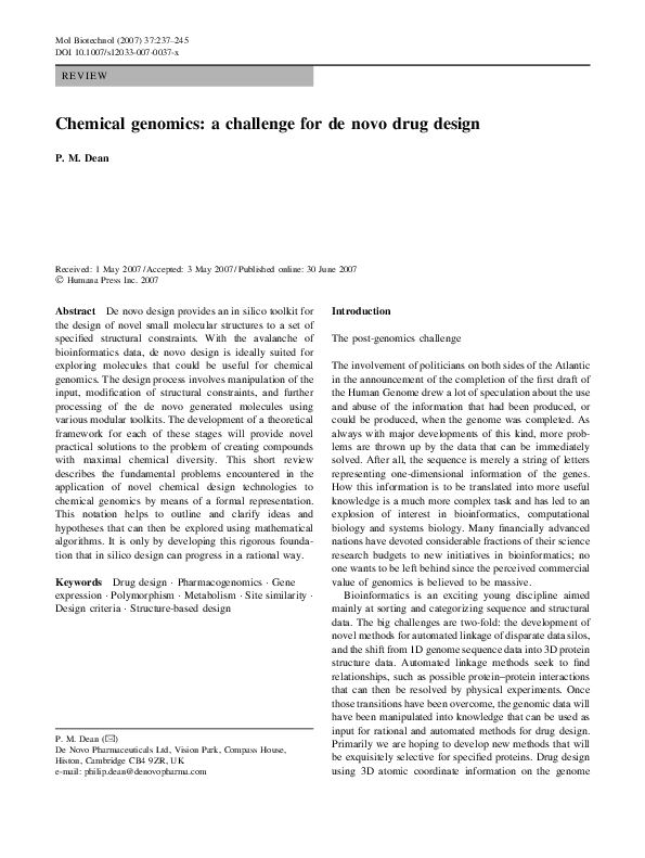 (PDF) Chemical genomics: a challenge for de novo drug design