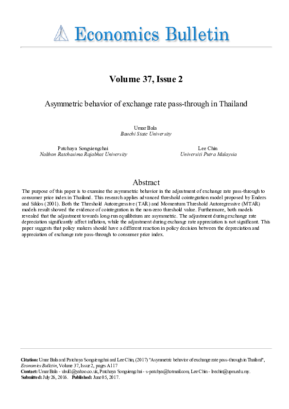 (PDF) Asymmetric behavior of exchange rate pass-through in Thailand