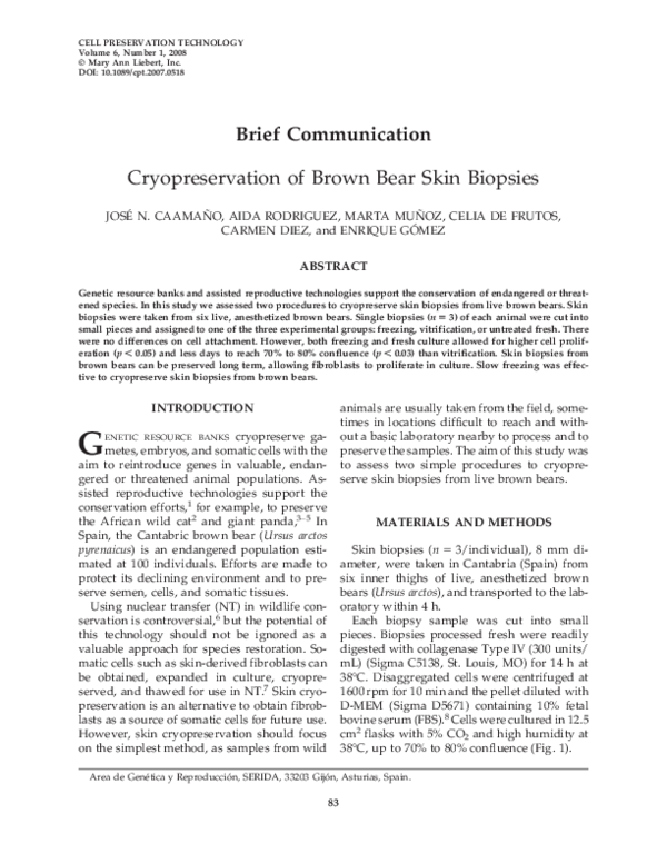 (PDF) Cryopreservation of Brown Bear Skin Biopsies