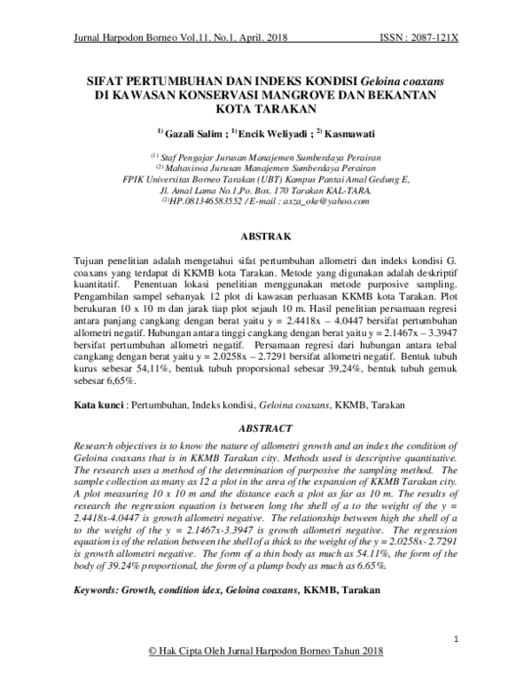 (PDF) SIFAT PERTUMBUHAN DAN INDEKS KONDISI Geloina coaxans DI KAWASAN ...