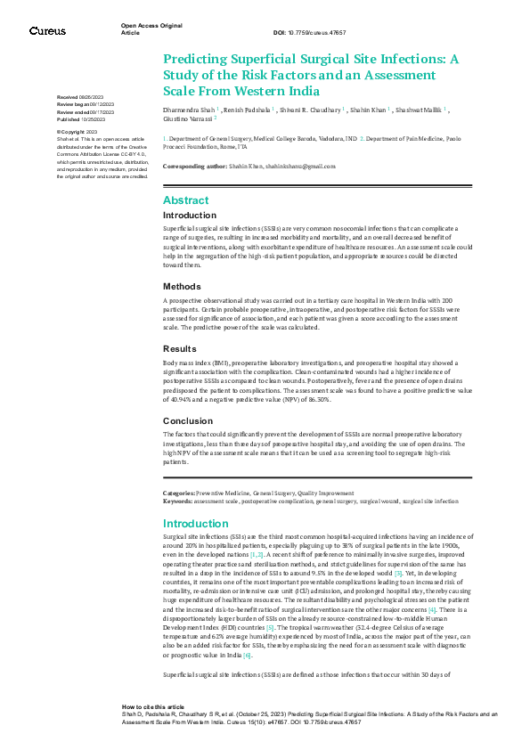 (PDF) Predicting Superficial Surgical Site Infections: A Study of the ...
