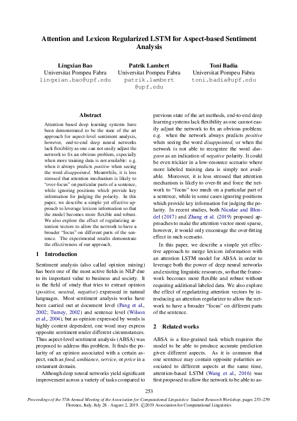 (PDF) Attention and Lexicon Regularized LSTM for Aspect-based Sentiment ...