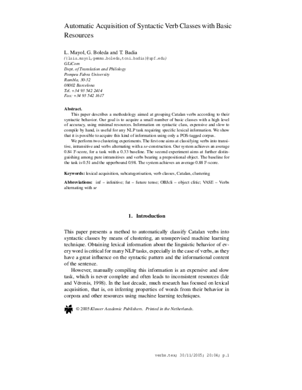 (PDF) Automatic acquisition of syntactic verb classes with basic resources