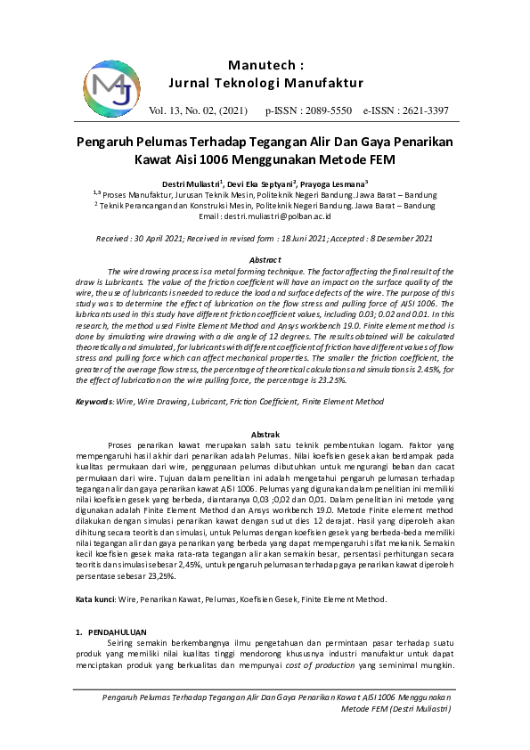 (PDF) Pengaruh Pelumas Terhadap Tegangan Alir Dan Gaya Penarikan Kawat Aisi 1006 Menggunakan ...