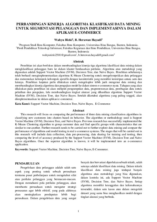 (PDF) PERBANDINGAN KINERJA ALGORITMA KLASIFIKASI DATA MINING UNTUK SEGMENTASI PELANGGAN DAN ...