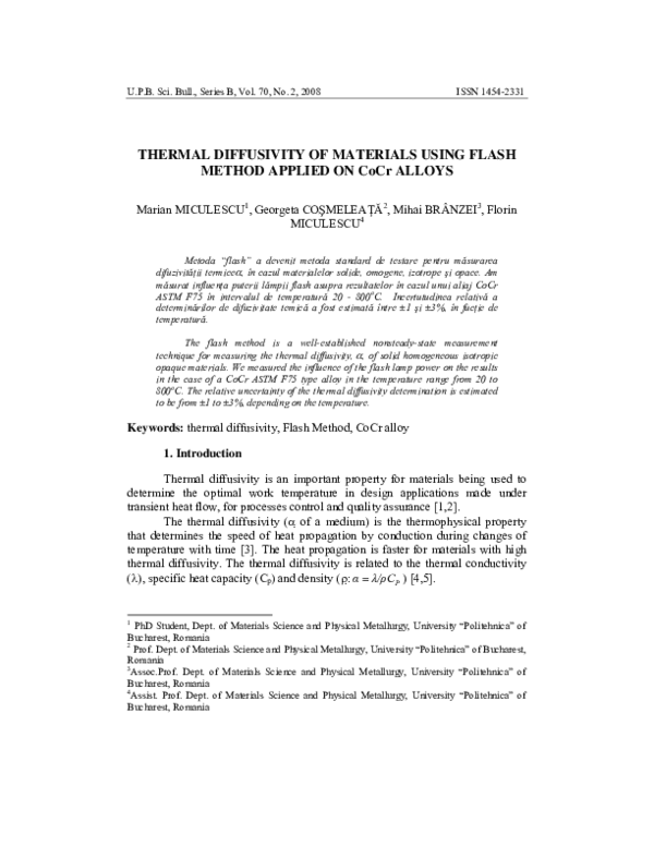 (PDF) THERMAL DIFFUSIVITY OF MATERIALS USING FLASH METHOD APPLIED ON CoCr ALLOYS