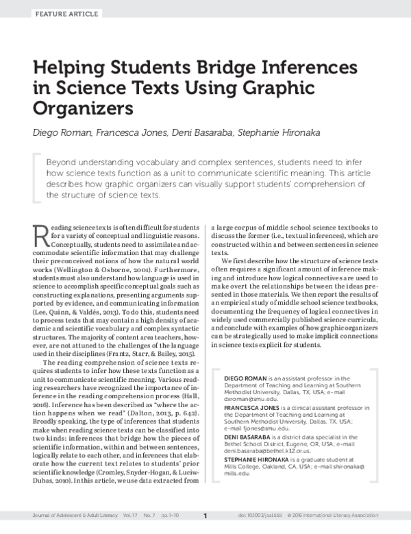 (PDF) Helping Students Bridge Inferences in Science Texts Using Graphic Organizers