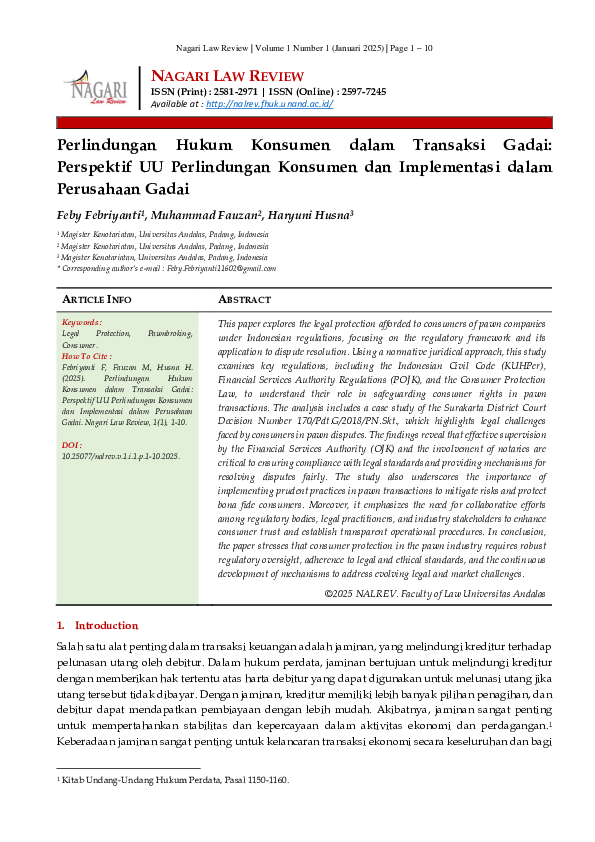 (PDF) Perlindungan Hukum Konsumen dalam Transaksi Gadai: Perspektif UU Perlindungan Konsumen dan ...