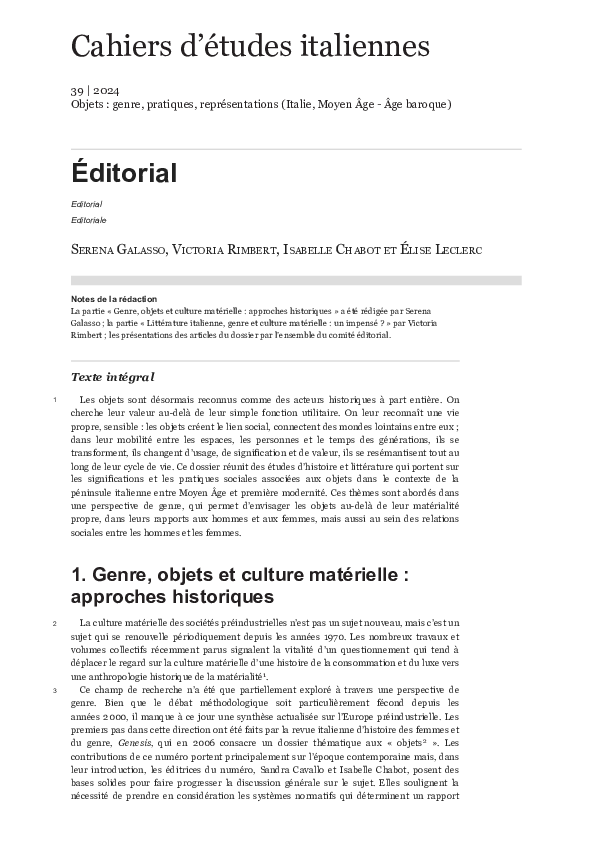 (PDF) Éditorial. Objets: genre, pratiques, représentations (Italie ...