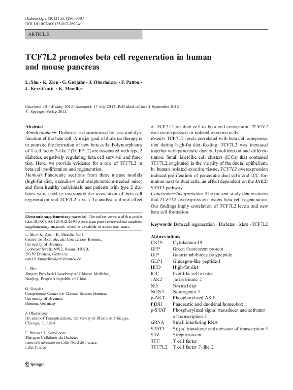 (PDF) TCF7L2 promotes beta cell regeneration in human and mouse pancreas