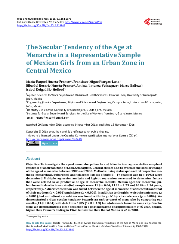 (PDF) The Secular Tendency of the Age of Menarche in a Representative ...