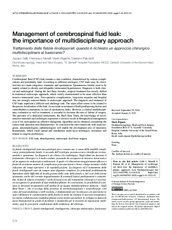 (PDF) Management of cerebrospinal fluid leak: the importance of ...