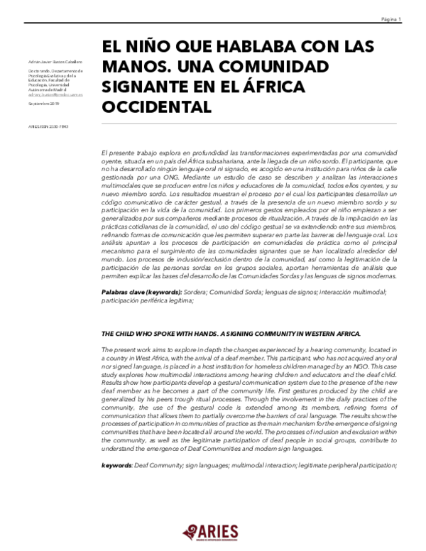 (PDF) EL NIÑO QUE HABLABA CON LAS MANOS. UNA COMUNIDAD SIGNANTE EN EL ...