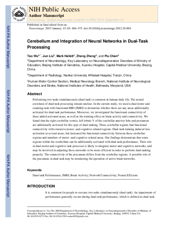 (PDF) Cerebellum and integration of neural networks in dual-task processing