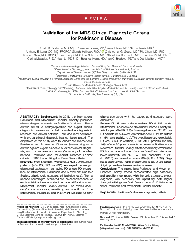 (PDF) Validation of the MDS clinical diagnostic criteria for Parkinson ...