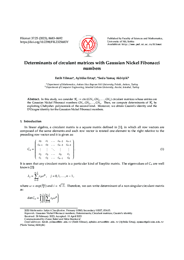 (PDF) Determinants of circulant matrices with Gaussian nickel Fibonacci ...