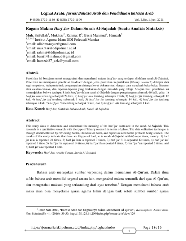(PDF) Ragam Makna Harf Jar Dalam Surah Al-Sajadah (Suatu Analisis ...
