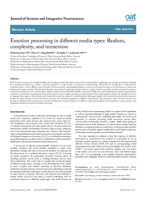 (PDF) Emotion processing in different media types: Realism, complexity ...
