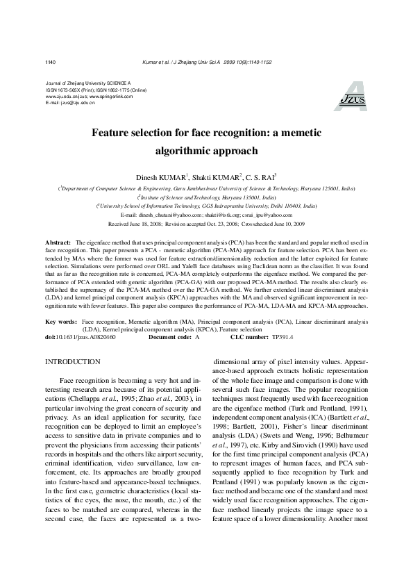 (PDF) Feature selection for face recognition: a memetic algorithmic approach