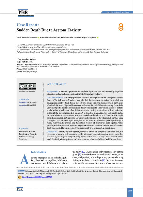 (PDF) Case Report: Sudden Death Due to Acetone Toxicity