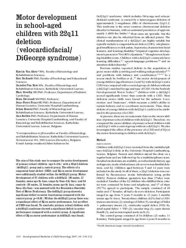 (PDF) Motor development in school-aged children with 22q11 deletion (velocardiofacial/DiGeorge ...