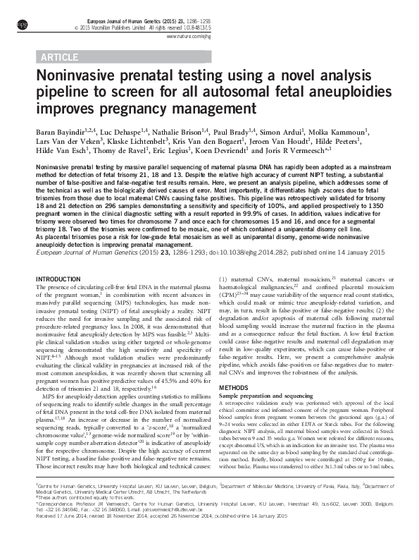 Pdf Noninvasive Prenatal Testing Using A Novel Analysis Pipeline To Screen For All Autosomal