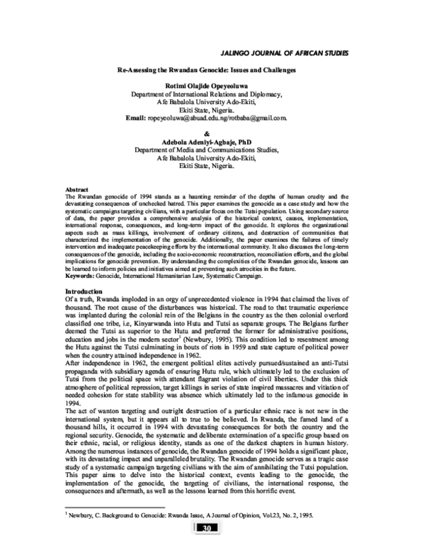 (PDF) Re-Assessing the Rwandan Genocide: Issues and Challenges