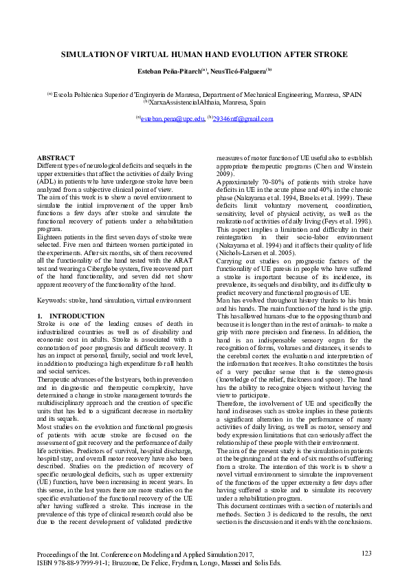 (PDF) Simulation of virtual human hand evolution after stroke