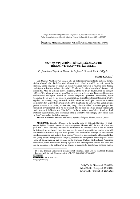 (PDF) Safahat'ın Yedinici Kitabı Gölgeler'de Hikemî ve Tasavvufî İzlekler