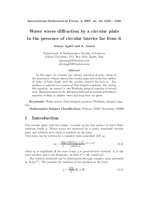 (PDF) Water waves diffraction by a circular plate in the presence of circular barrier far from it