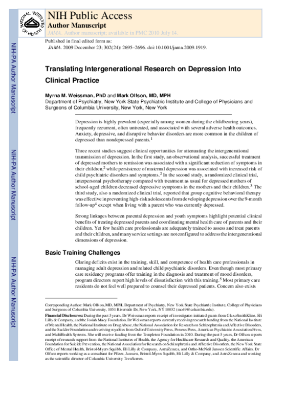 (PDF) Translating Intergenerational Research on Depression Into ...