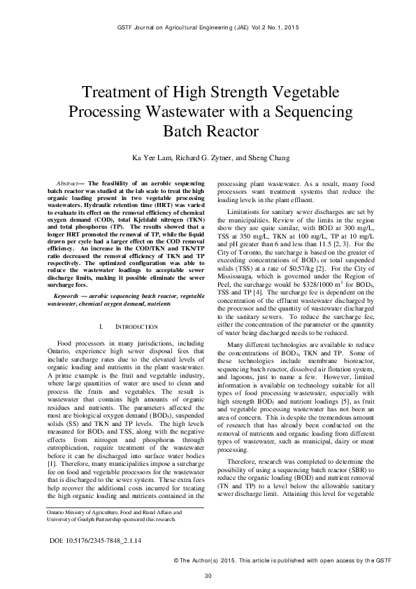 (PDF) Treatment of High Strength Vegetable Processing Wastewater with a Sequencing Batch Reactor