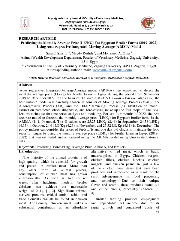 (PDF) Predicting the Monthly Average Price (LE/KG) For Egyptian Broiler ...