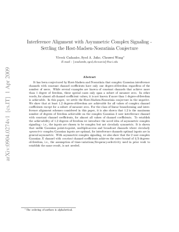 (PDF) Interference Alignment with Asymmetric Complex Signaling - Settling the Host-Madsen ...