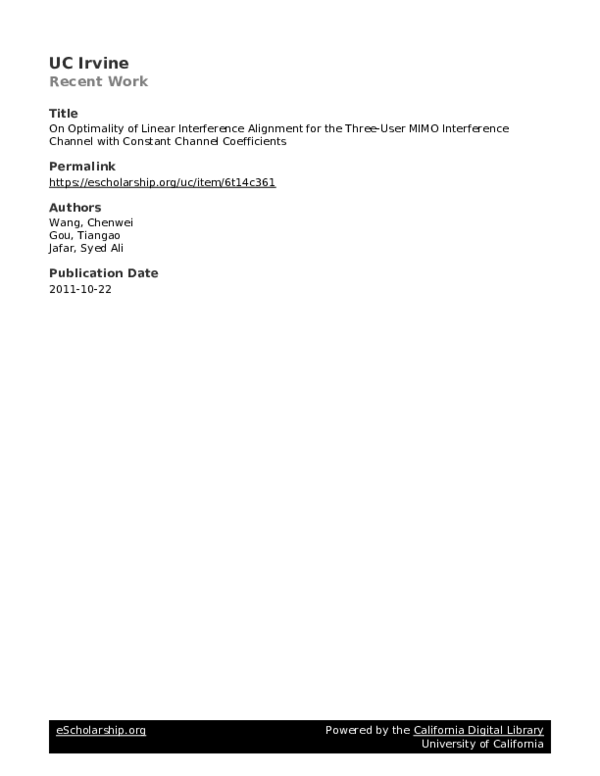 Pdf On Optimality Of Linear Interference Alignment For The Three User